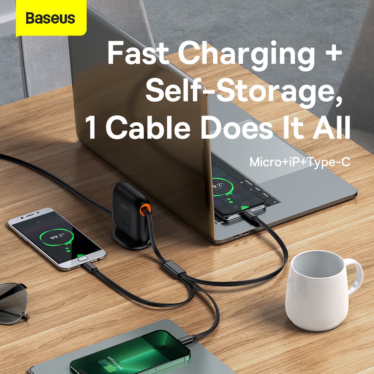 Baseus Traction Series Retractable 3 in 1 Fast Charging Cable Desktop ...